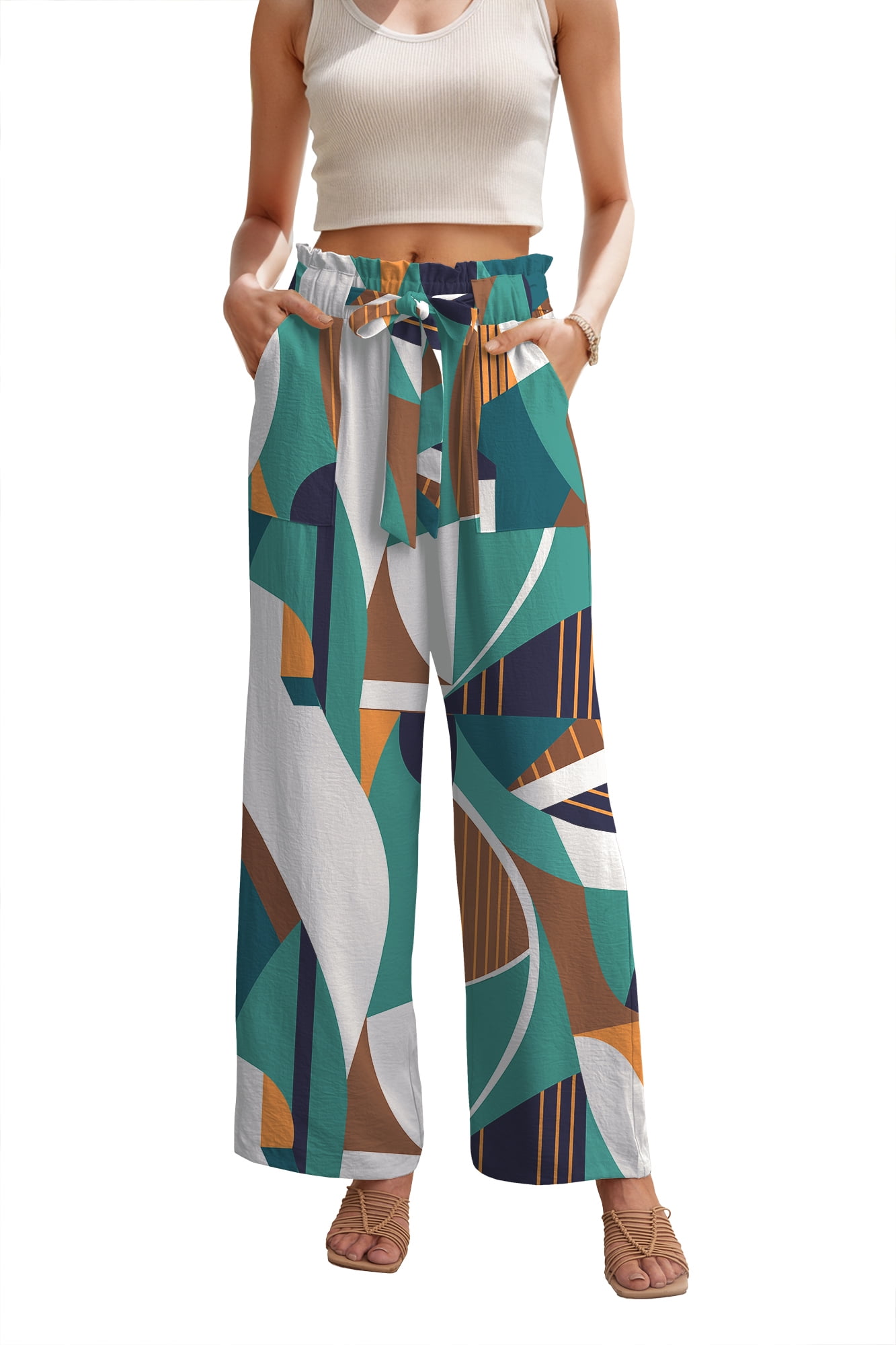 JWD Wide Leg Pants, Pockets, High Waist, Adjustable Tie Knot ...