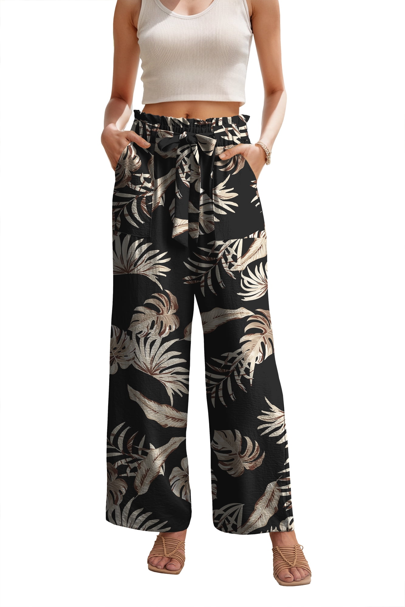 JWD Women's Wide Leg Pants With Pockets High Waist Adjustable Knot ...