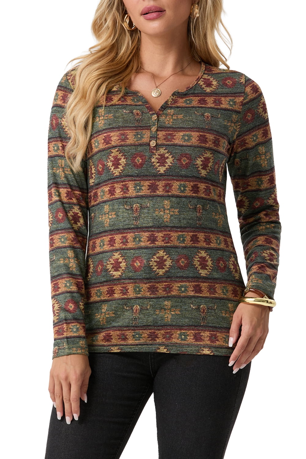JWD Womens Long Sleeve T Shirts Western Henley Tops Ladies Cowboy Chic ...