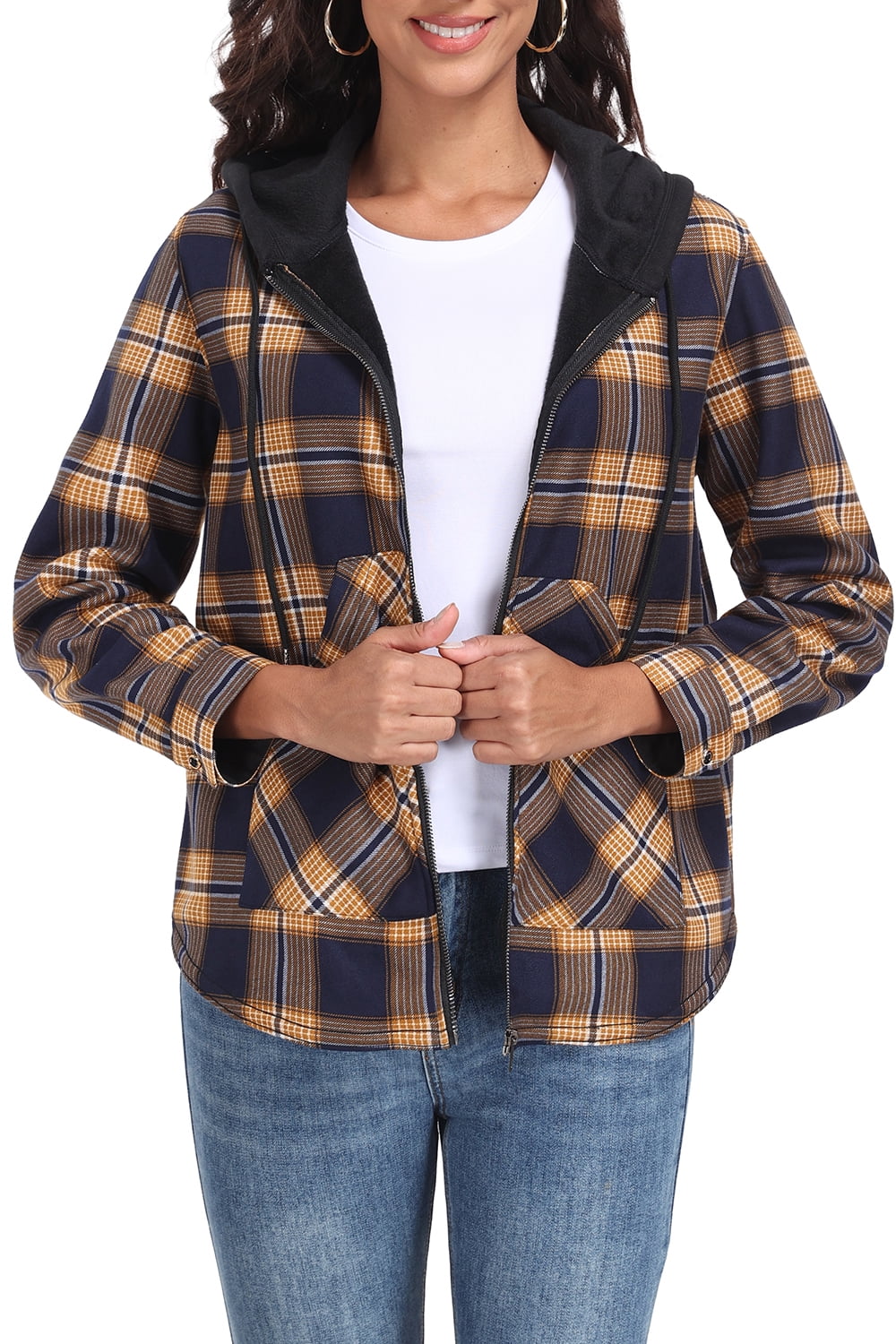 JWD Womens Plaid Shacket Jacket Long Sleeve Button Down Fleece Hooded ...