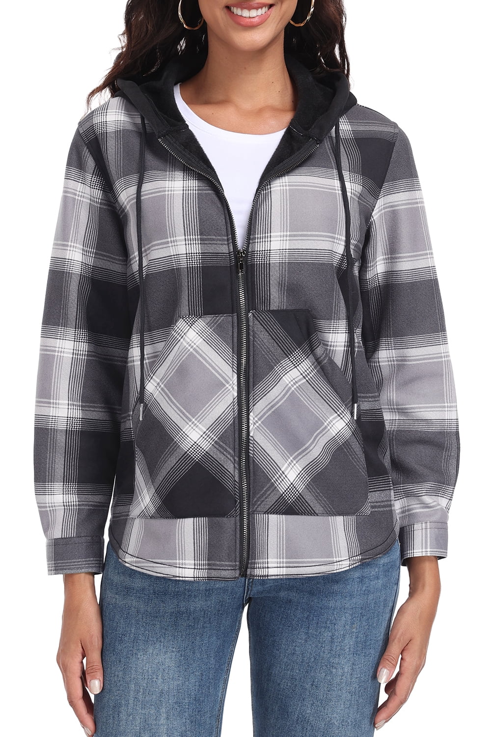 JWD Womens Plaid Shacket Jacket Long Sleeve Button Down Fleece Hooded ...