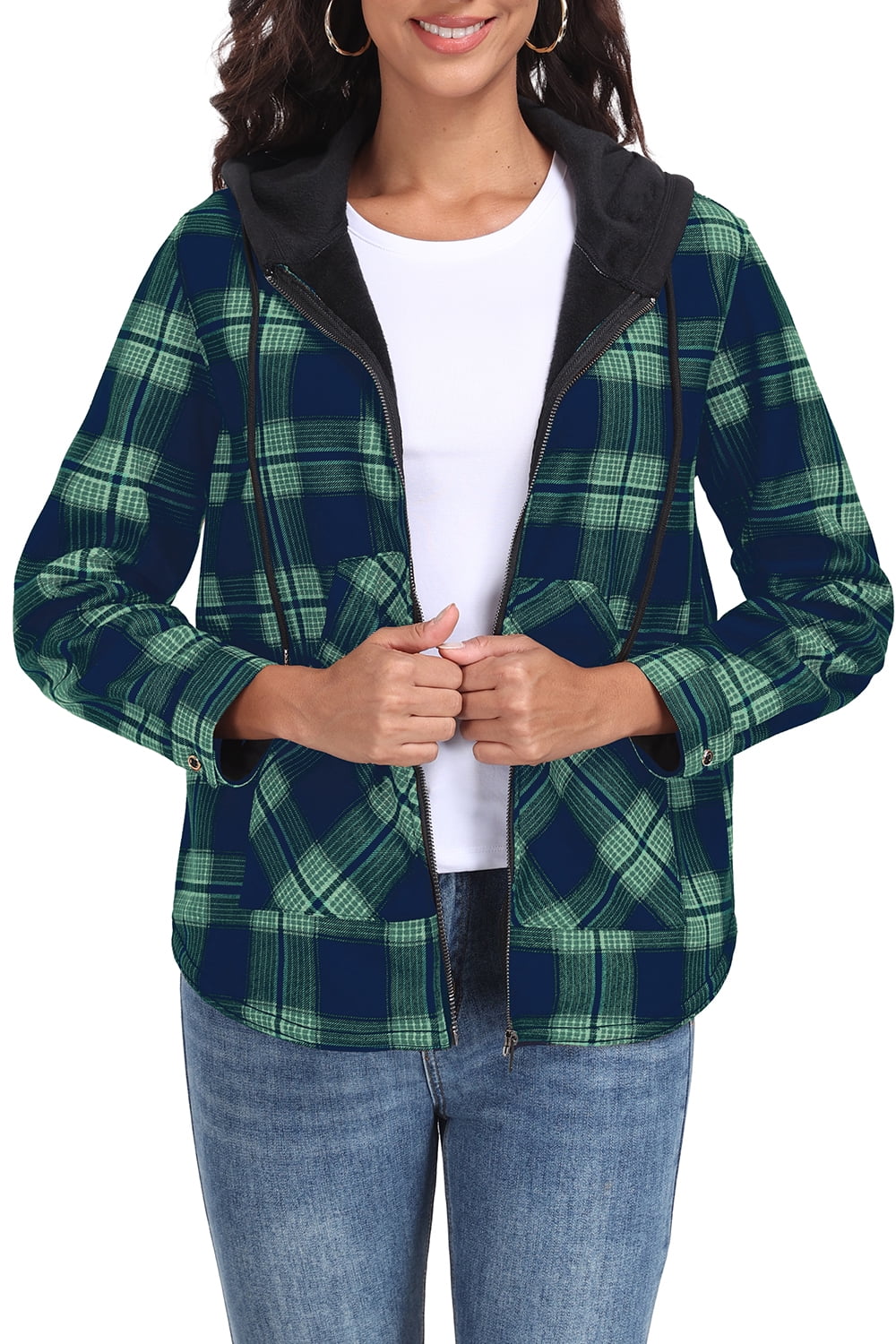 JWD Womens Plaid Shacket Jacket Long Sleeve Button Down Fleece Hooded ...