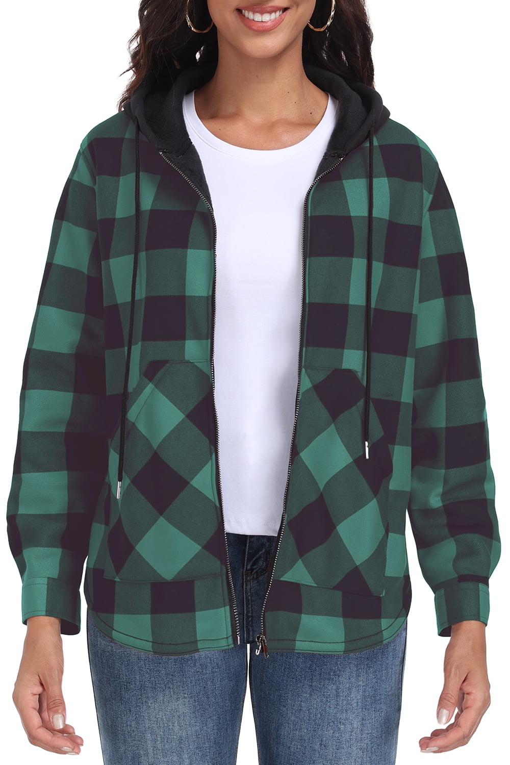 JWD Womens Plaid Shacket Jacket Long Sleeve Button Down Fleece Hooded ...