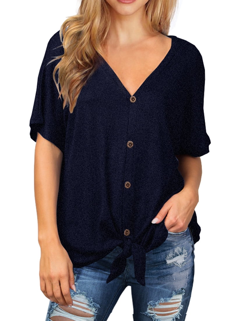 JWD Womens Waffle Knit Tunic Blouse Tie Knot Short Sleeve Henley Tops ...