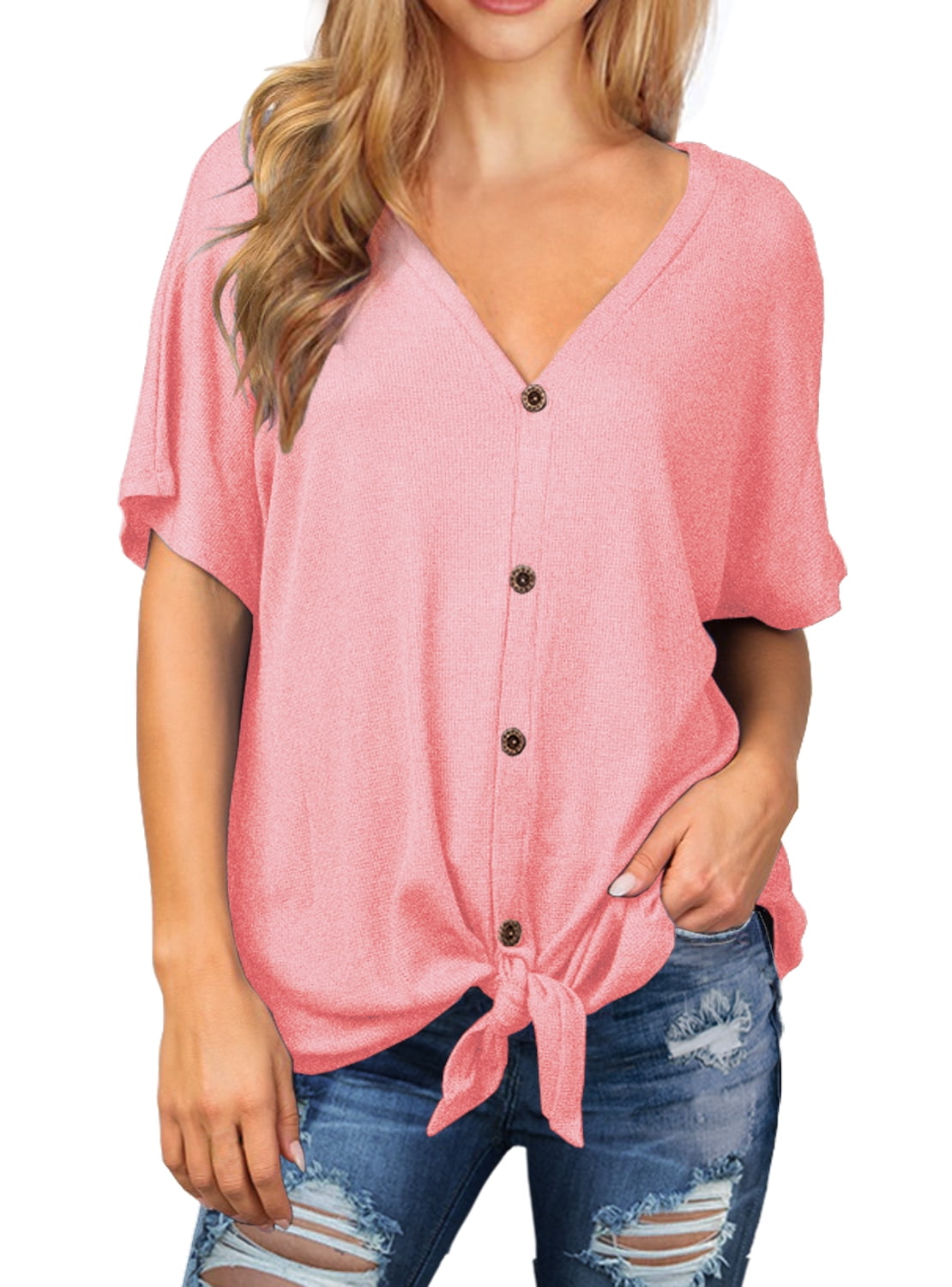 JWD Womens Waffle Knit Tunic Blouse Tie Knot Short Sleeve Henley Tops ...