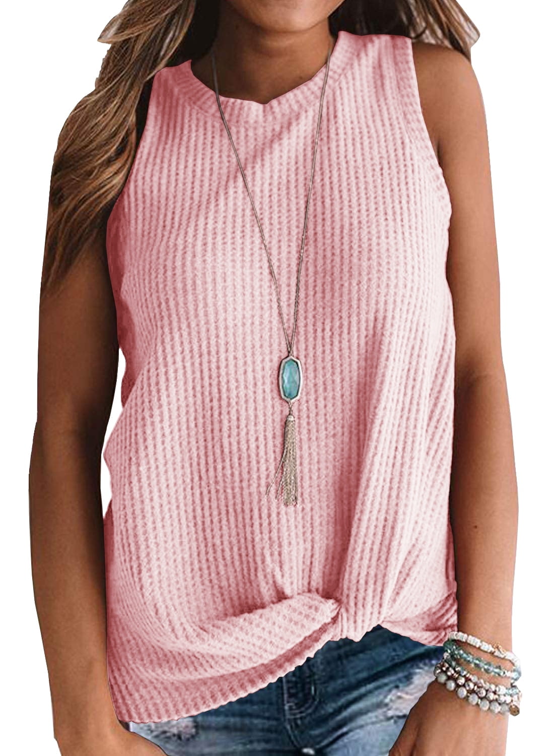 JWD Womens Loose Fitting High Low Waffle Knit Tunic, Sleeveless Twist ...
