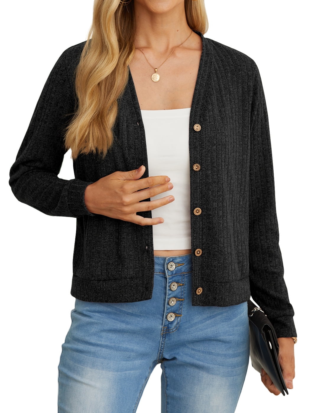 JWD women's fashionable ropped black cardigan, button up long sleeved ...