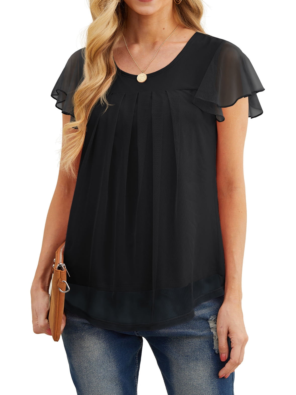 JWD women's short sleeved double-layer mesh pleated shirt summer fashion casual top Black-M ...