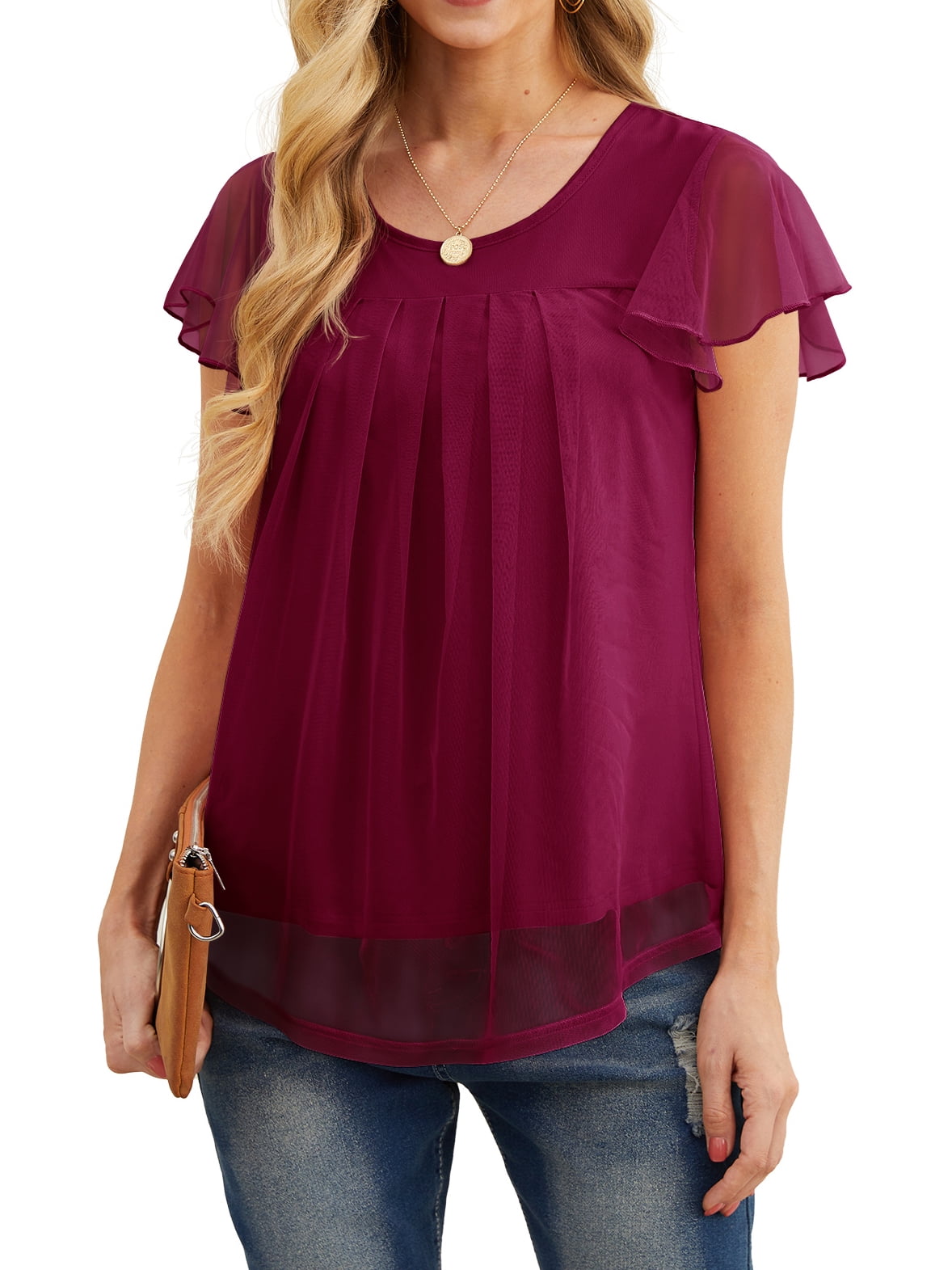 JWD women's short sleeved double-layer mesh pleated shirt summer ...