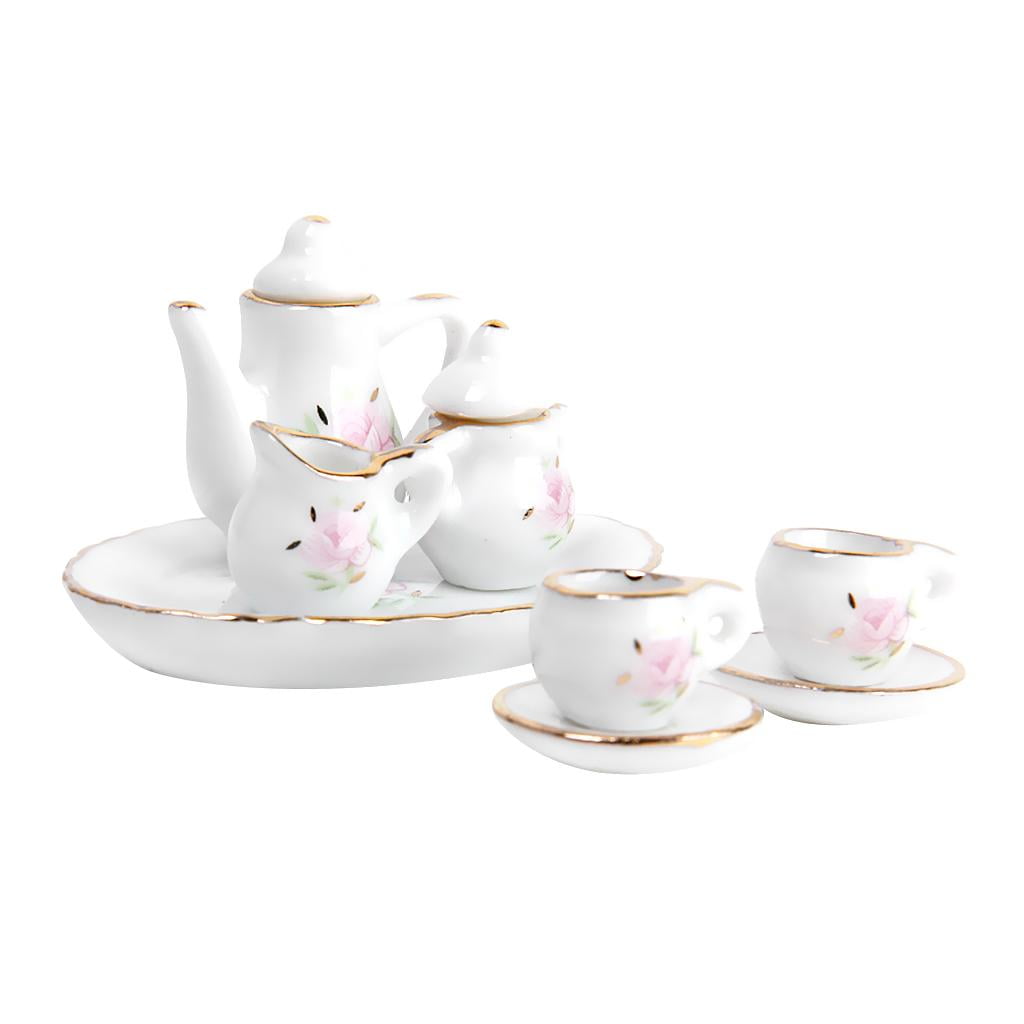 JWQFBC 8pcs Dolls House Miniature Porcelain Tea Set Rose Flower Print W ...