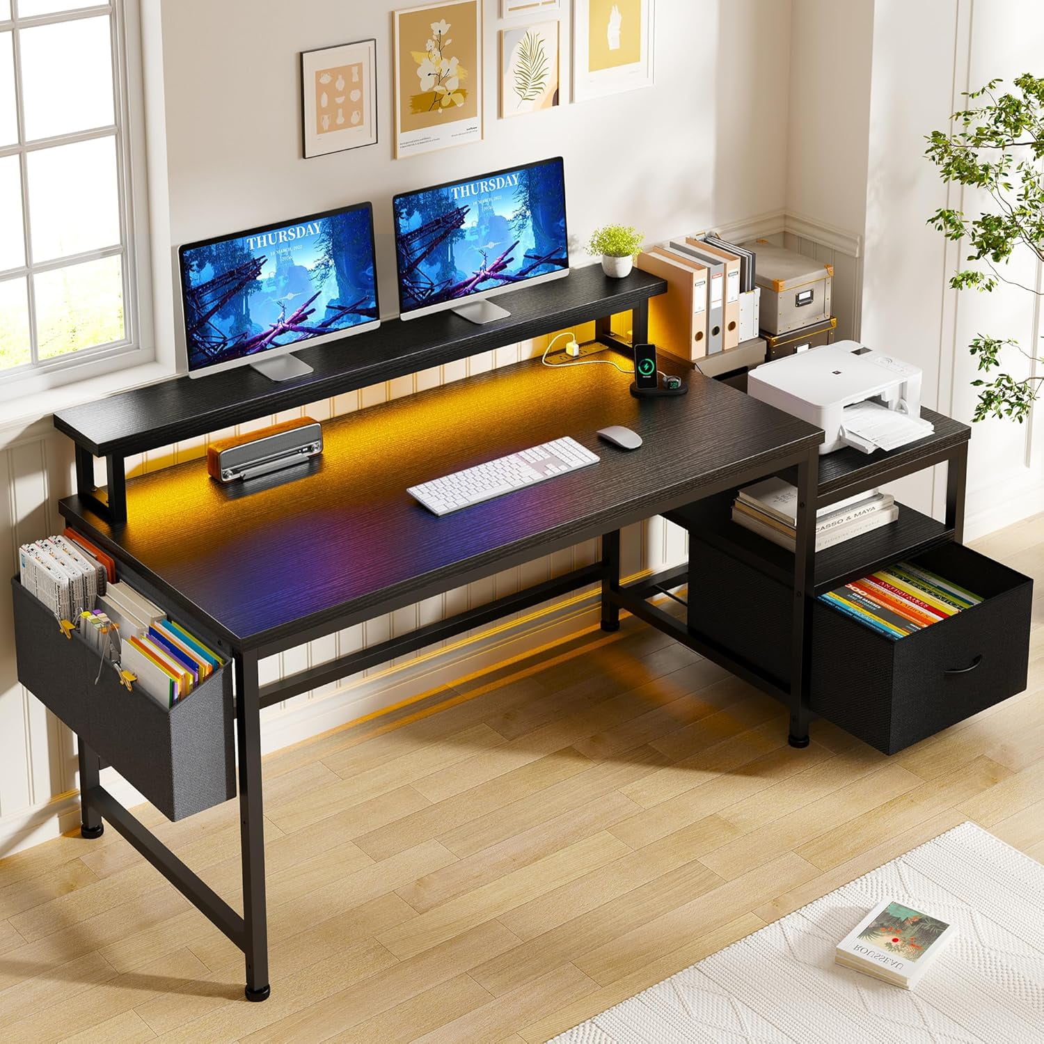JWRWEF 57" Office Desk with Power Outlets, Computer Desk with Drawers ...