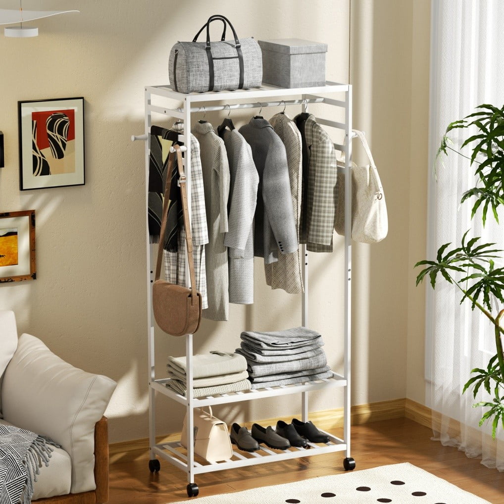 JWRWEF Bamboo Clothing Rack with Hanging Rod & Storage Shelves, Mobile ...