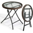 JWRWEF Folding Glass Outdoor Side Table with Woven Rattan Border, Small ...