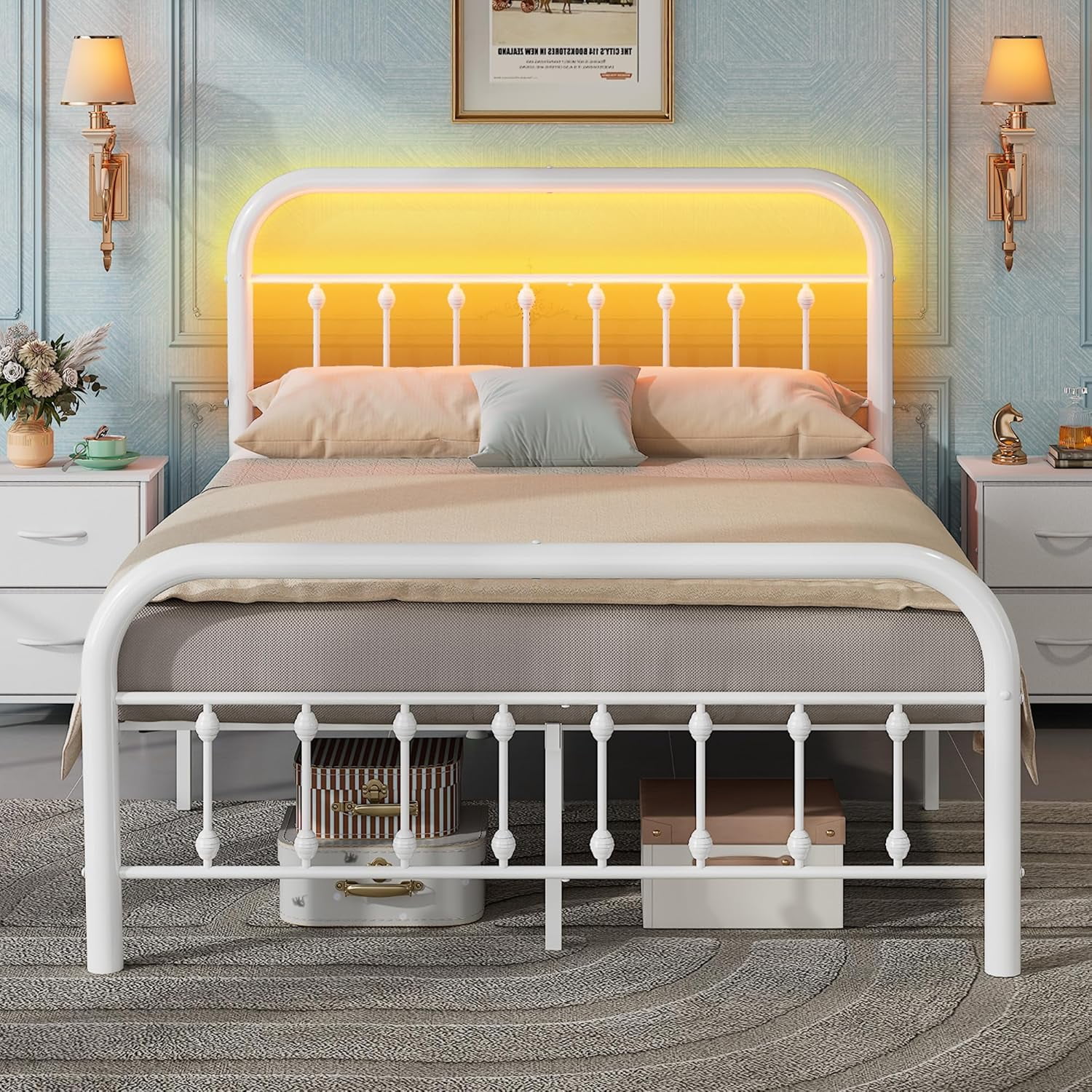 JWRWEF Full Metal Platform Bed Frame with LED Lights & Charging Station ...