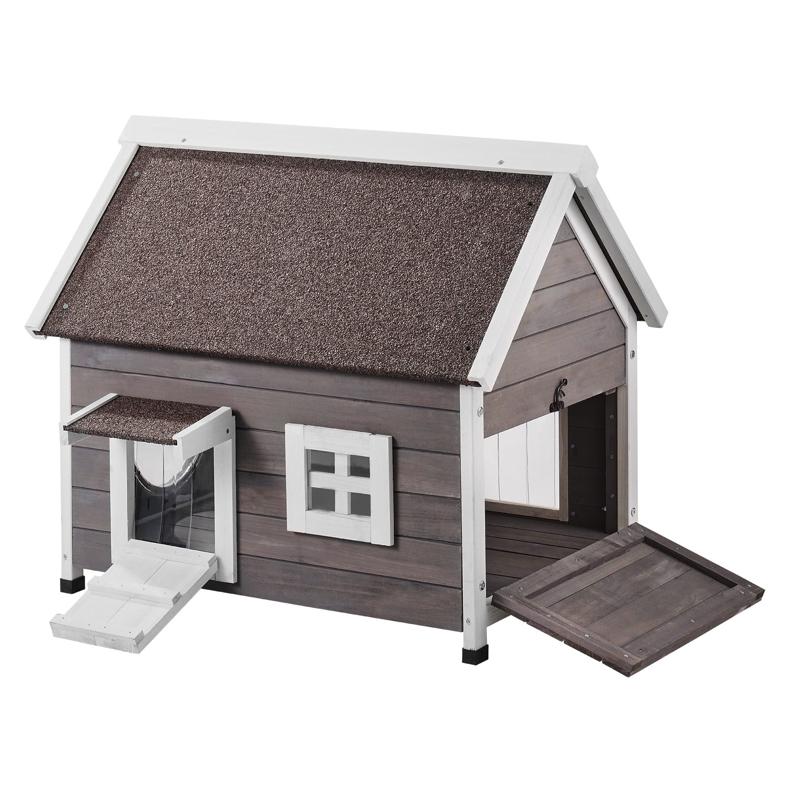 JWRWEF Outdoor Cat House, Wooden Feral Cat Shelter with Roof Door Flaps ...