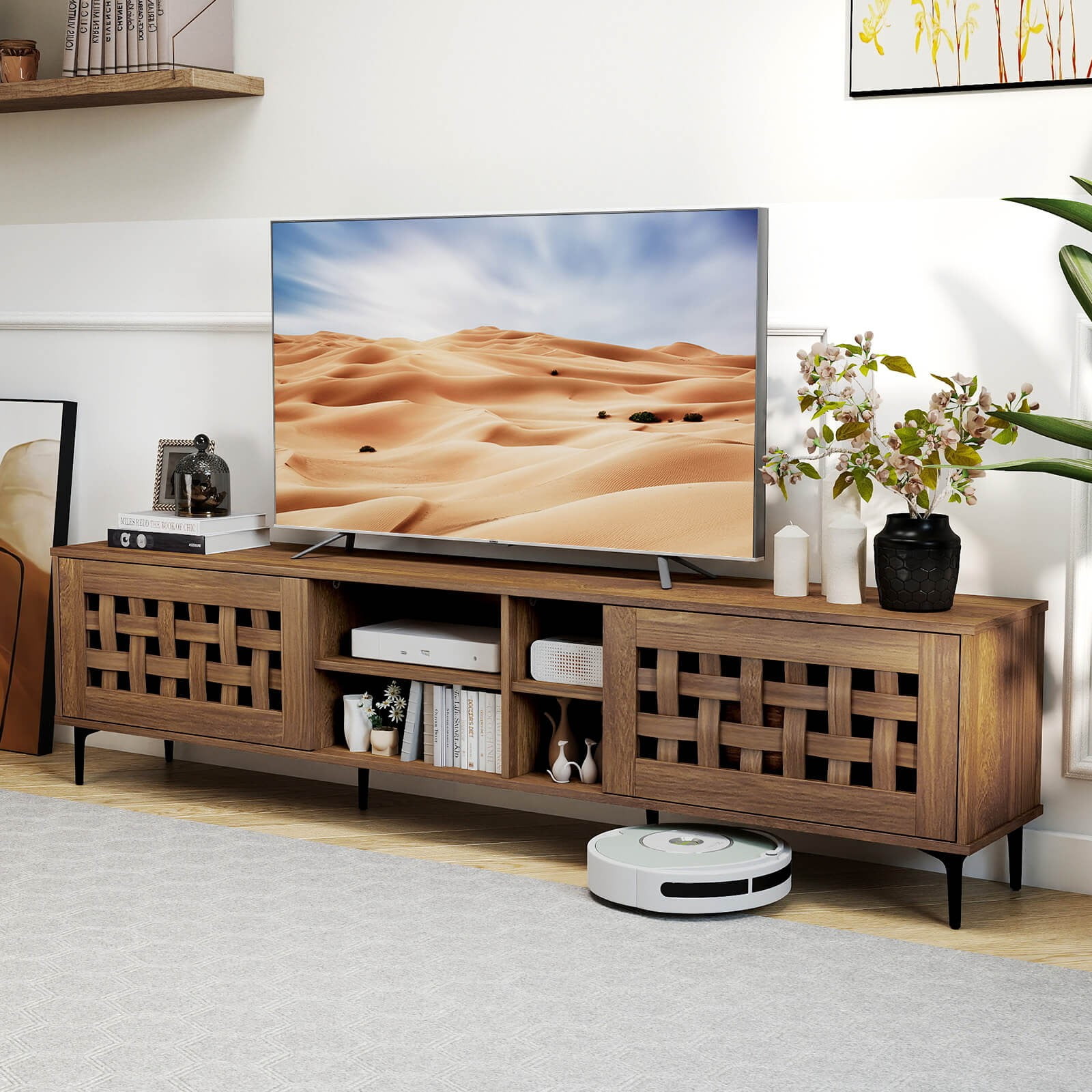 JWRWEF TV Stand for TVs up to 80” with 2 Doors, Open Compartments ...