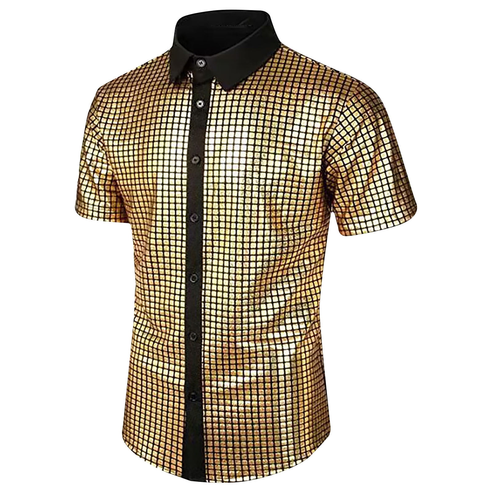 JWZUY Men's 70s Disco Shirts Metallic Sequins Short Sleeve Button-Down Shirt Retro Vintage Lapel ...
