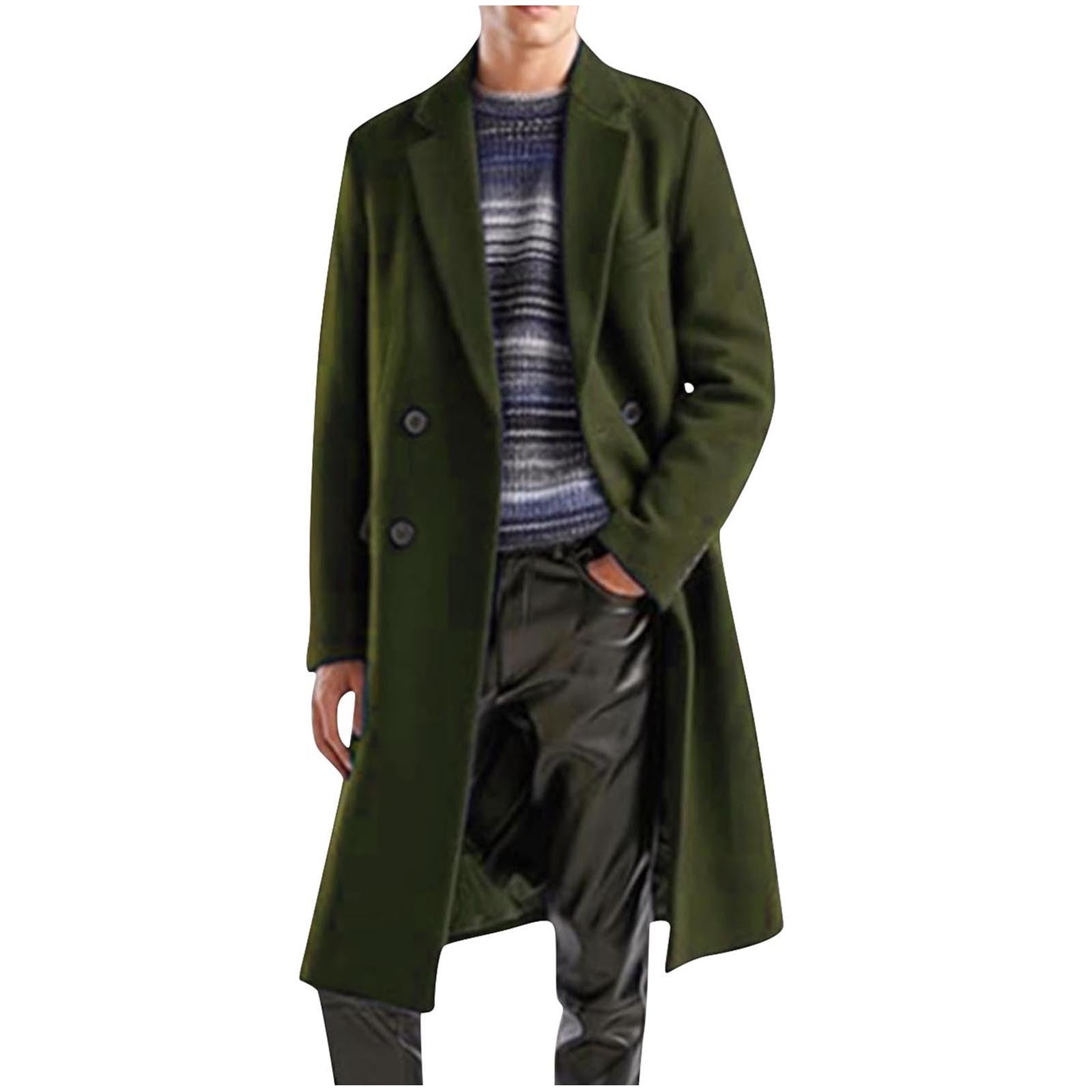 JWZUY Men's Double Breasted Long Coat Notch Lapel Slanted Pockets Slim ...