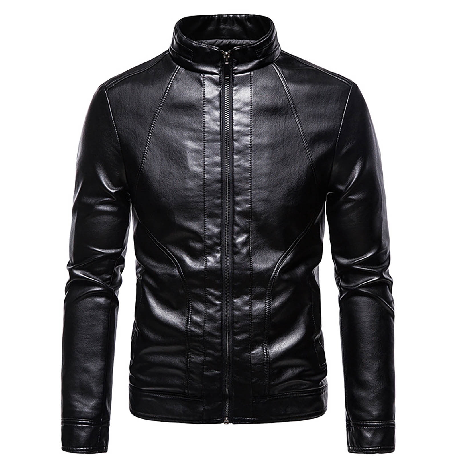 JWZUY Men's Slim Fit Long Leather Jacket with Lapel and Zipper Pockets ...