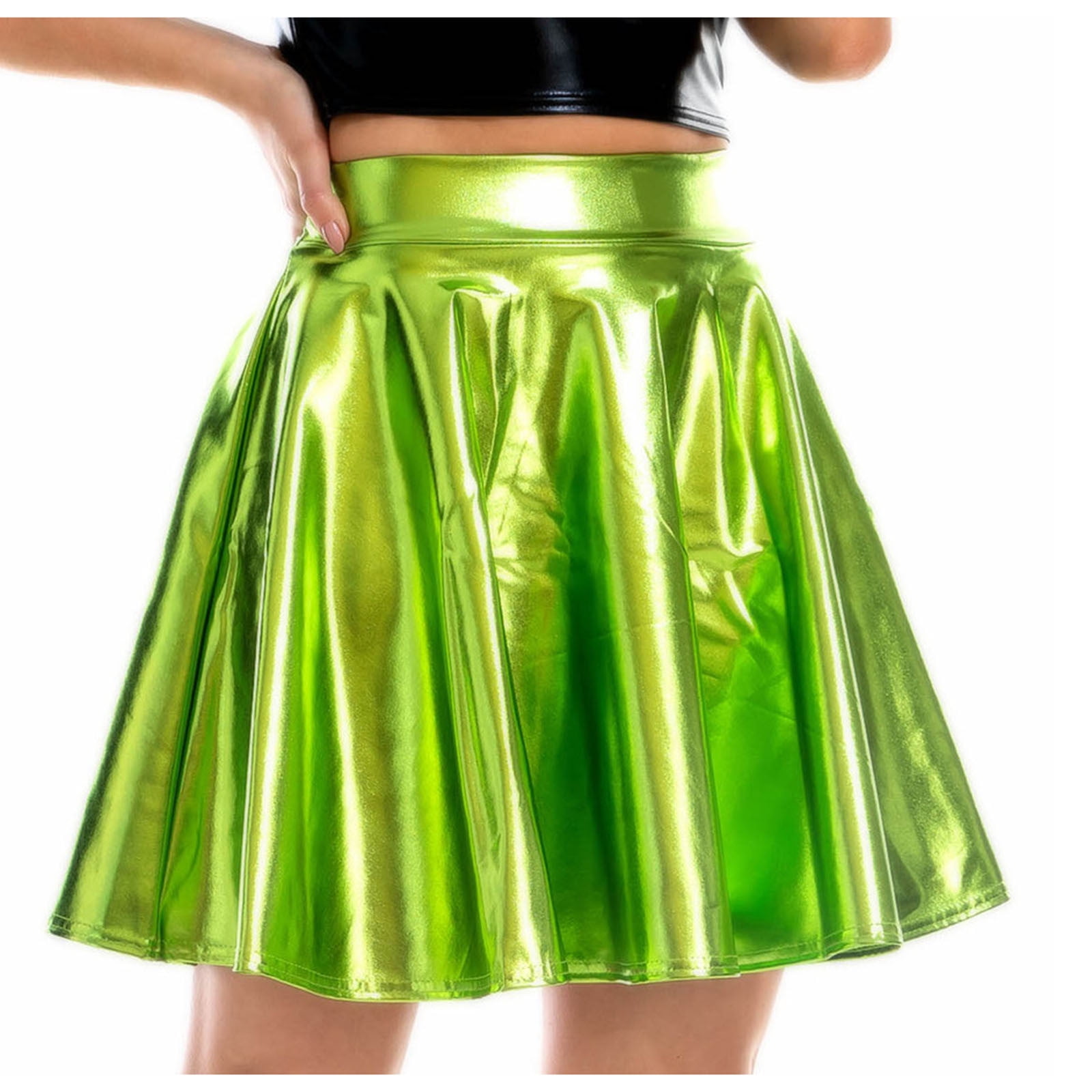 Jwzuy Shiny Glitter Sparkly Metallic Skater Skirt Pleated Flared Green