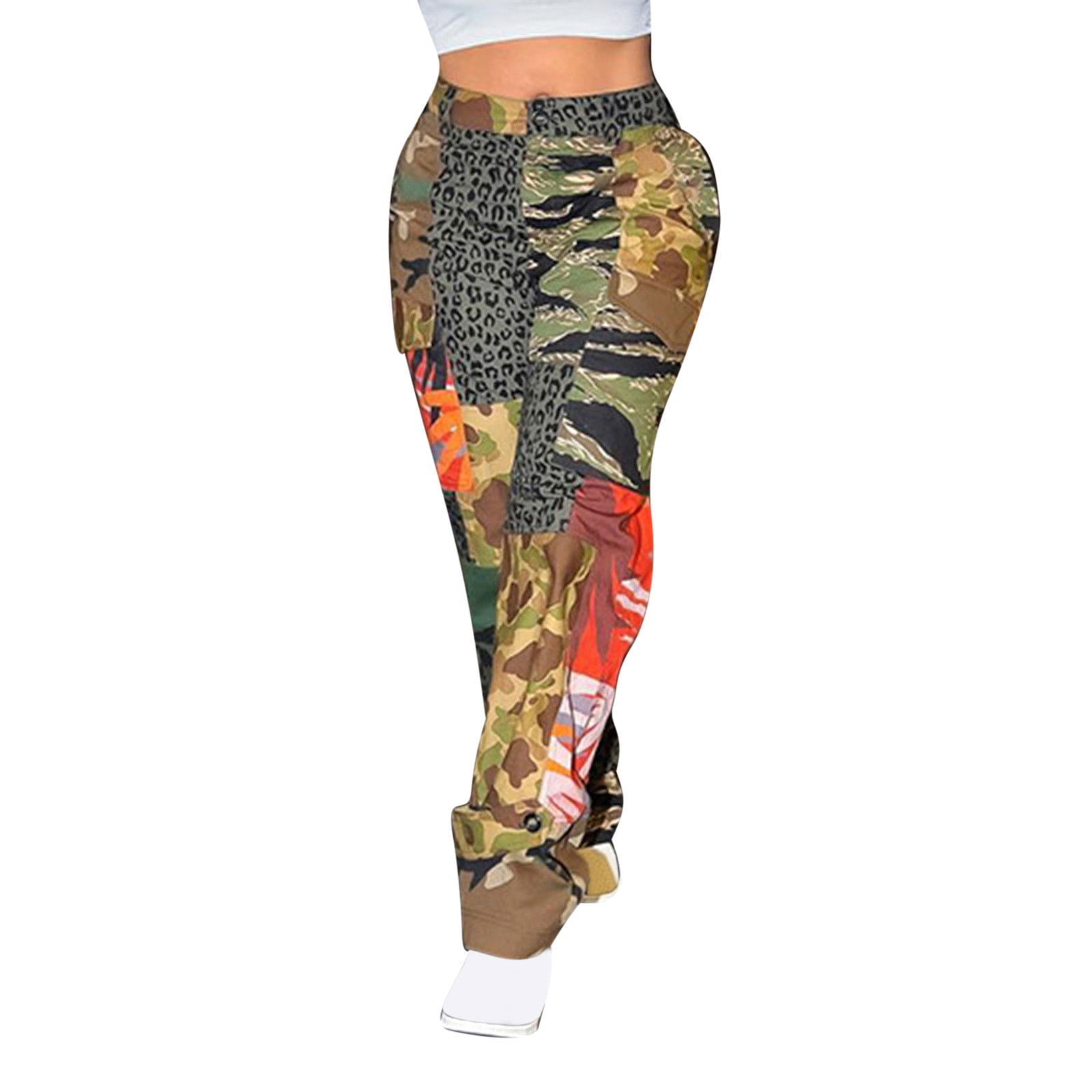 Jwzuy Women Casual Color Block Camo Pants High Waisted Army Fatigue