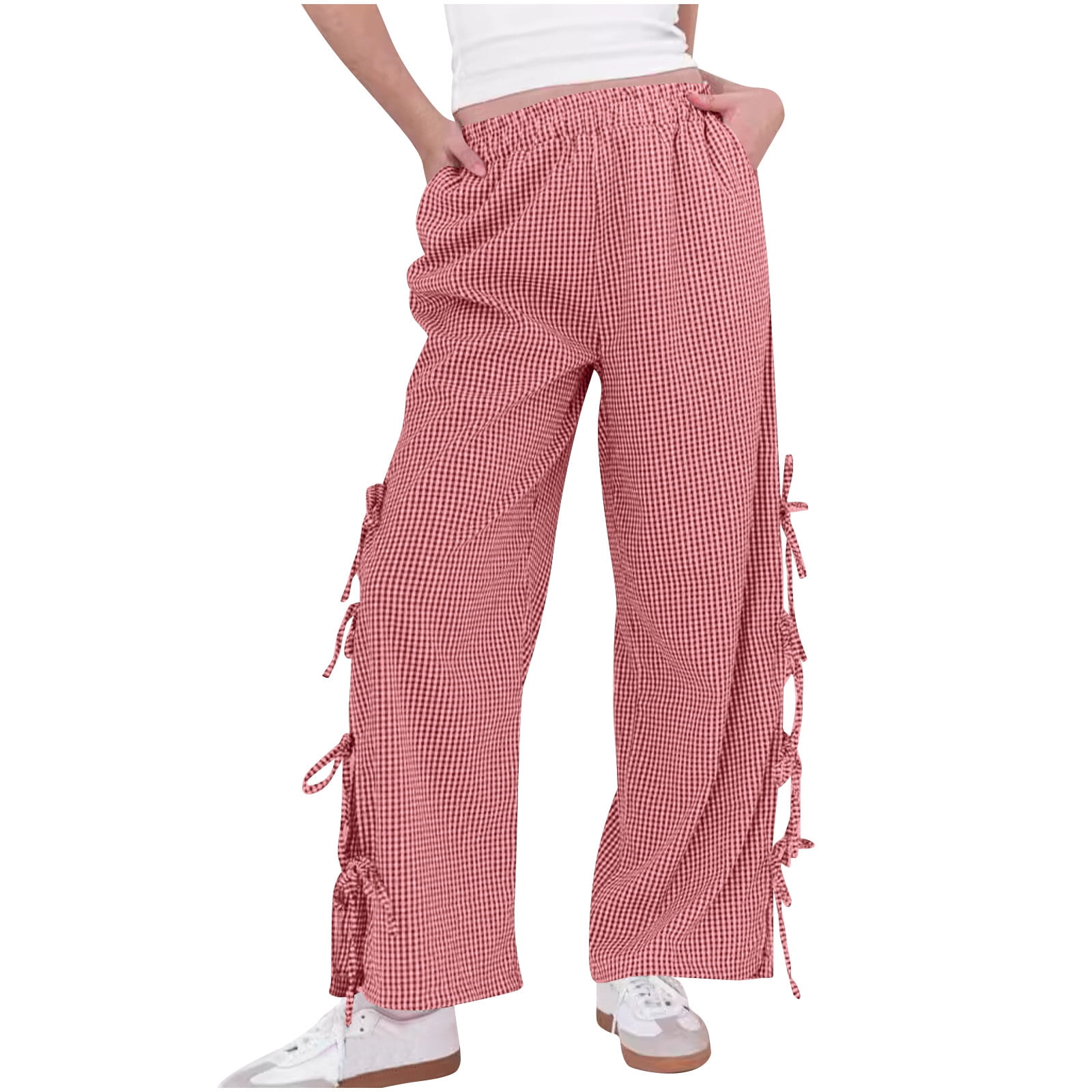 JWZUY Women's Checkered Straight-Leg Trousers with Strap Pocket for ...