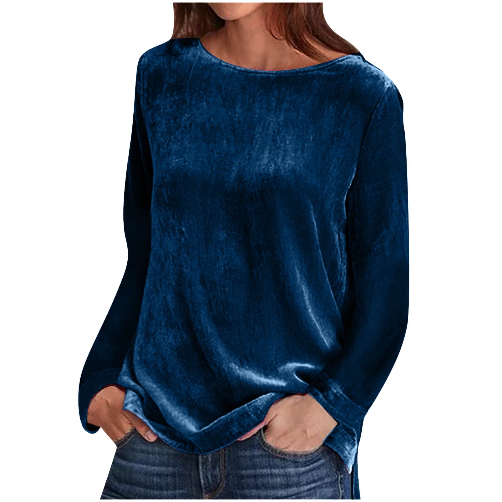 JWZUY Women's Elegant Long Sleeve Tops Round Neck Vintage Velvet Blouse ...