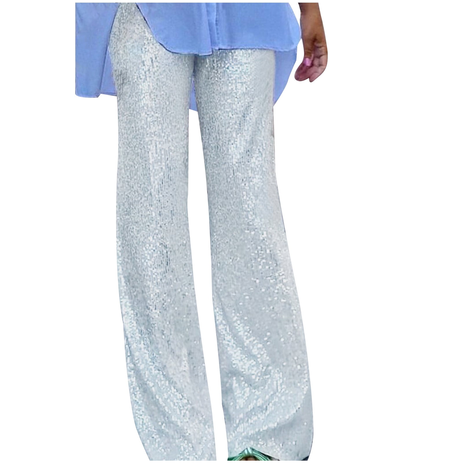 JWZUY Women's Glitter Sequin Long Loose Pants Bling Elastic Casual ...