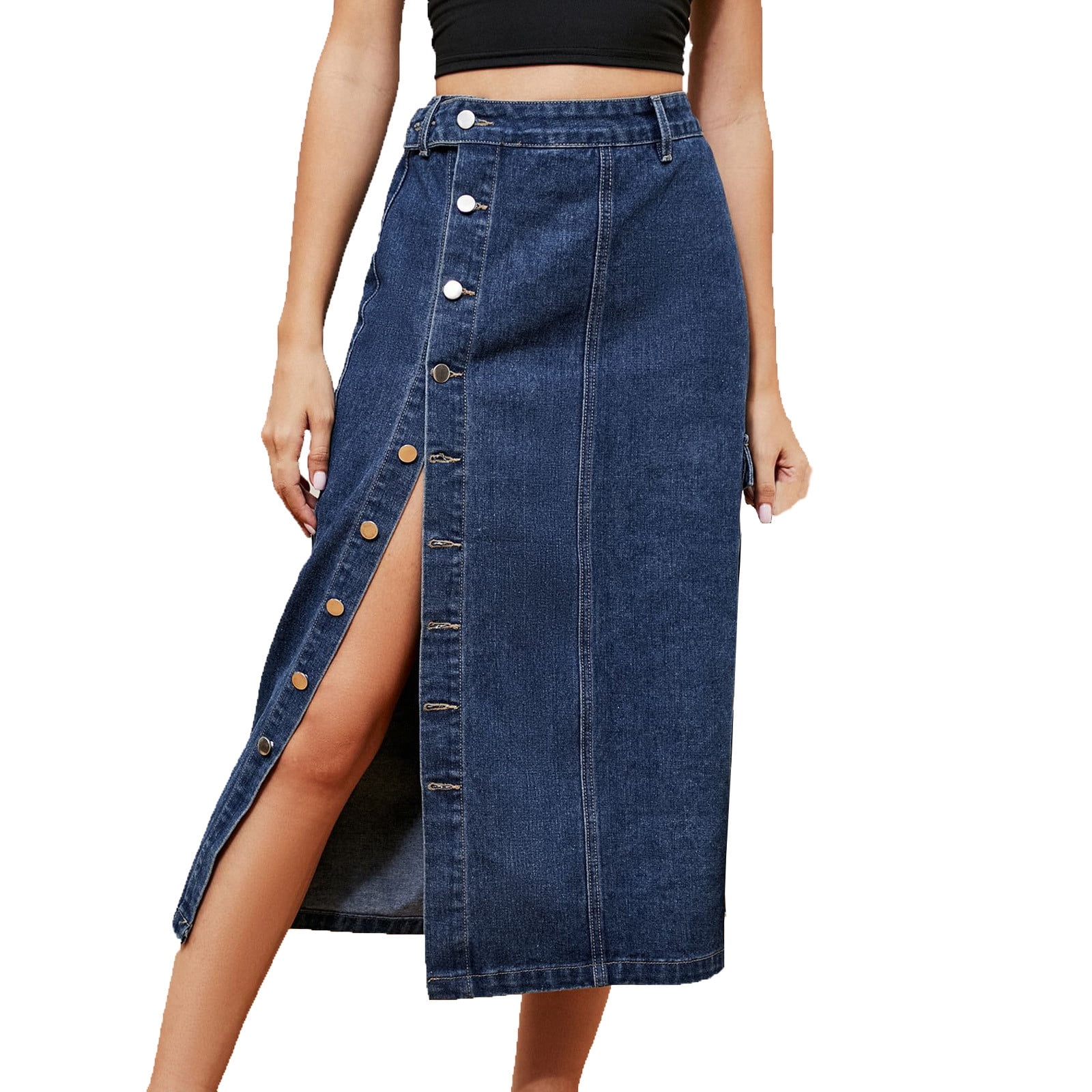 JWZUY Women's High Waist Denim Midi Skirt Button Side Split Streetwear ...