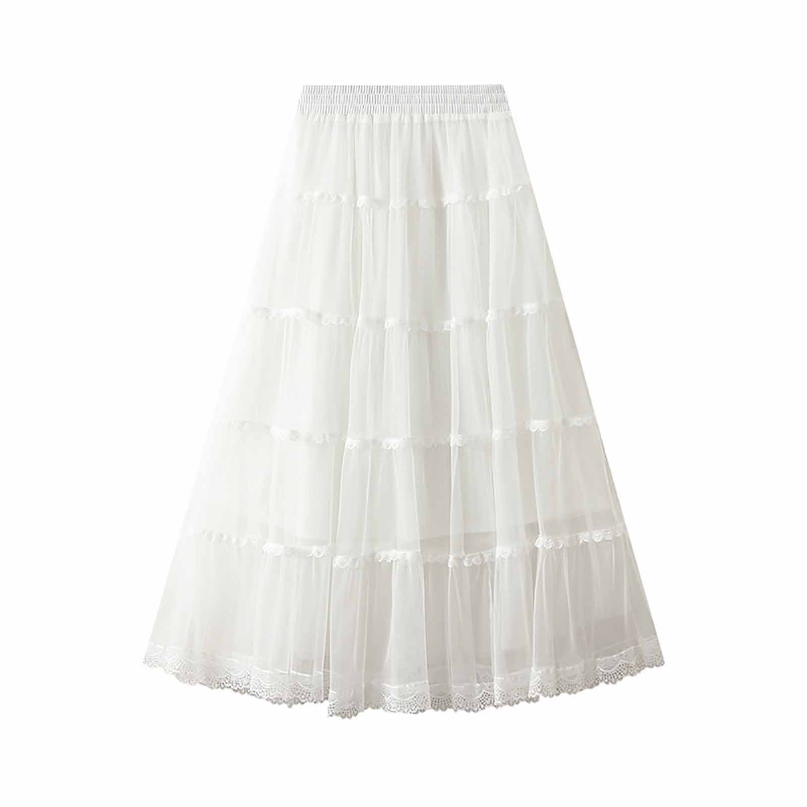 JWZUY Women's Layered Chiffon Elegant Lace Mesh Frilly Skirt Retro ...