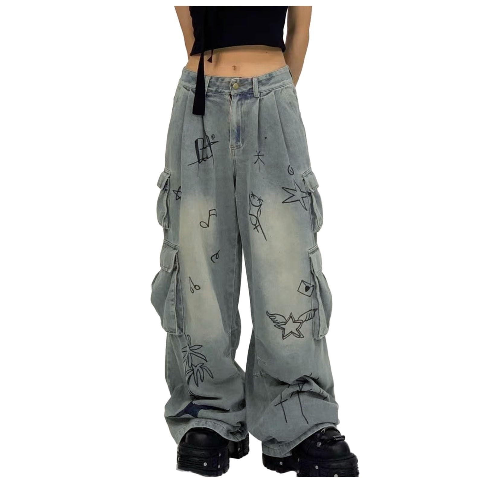 JWZUY Women's Loose Fit Denim Pants with Five-Point Star Embroidery and ...