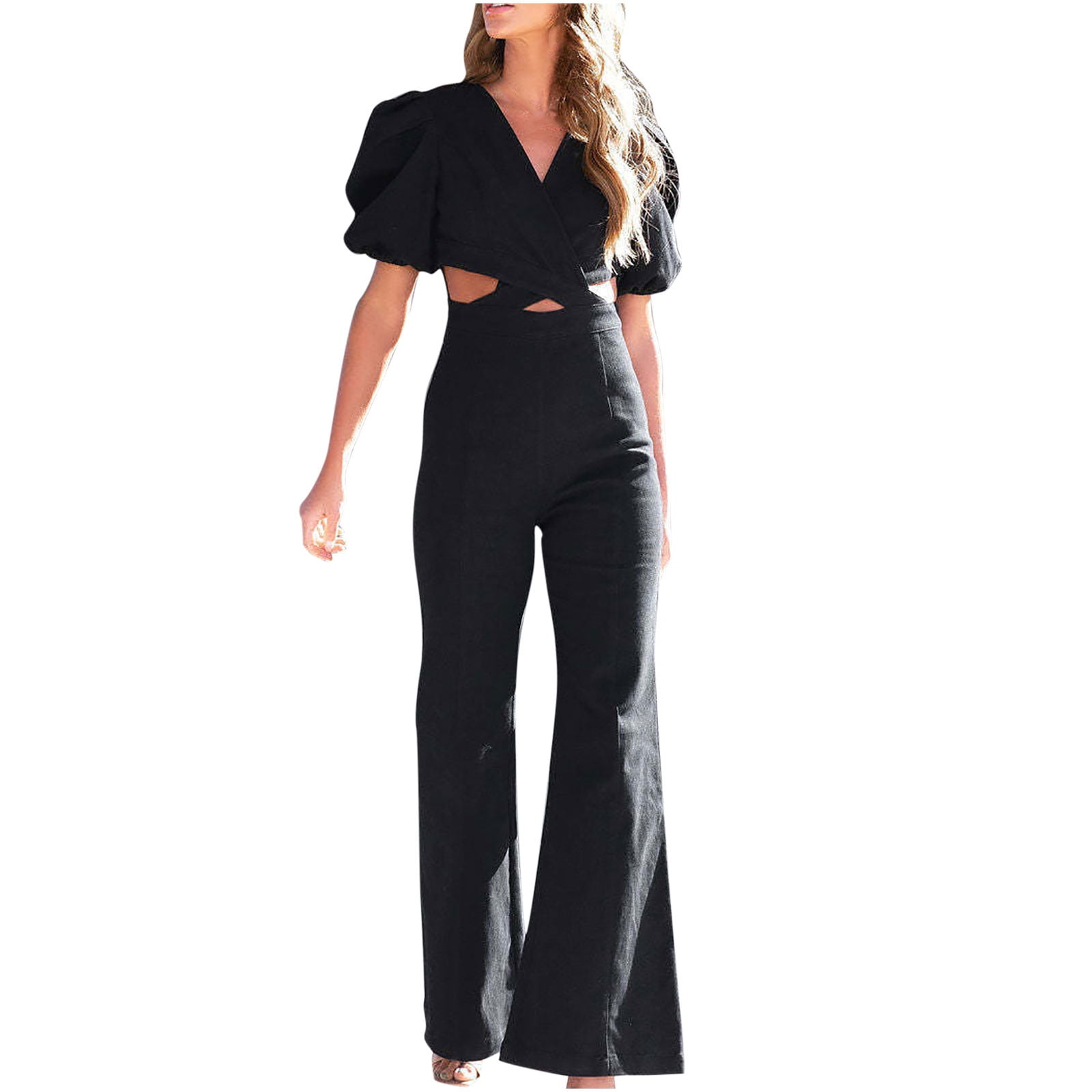 JWZUY Women's Puff Sleeve Denim Jumpsuit Sexy Cut Out High Waist ...