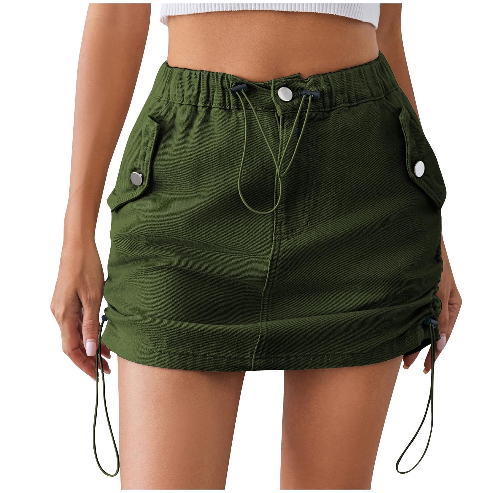 JWZUY Women's Side Shirred Drawstring Denim Skirt Elastic Waist Mini ...