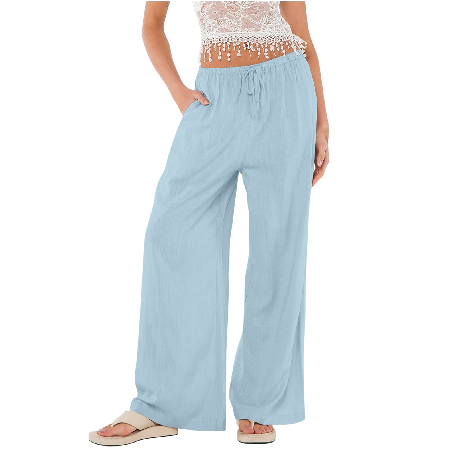 JWZUY Women's Wide Leg Cotton Linen Pants High Waist Adjustable Tie ...