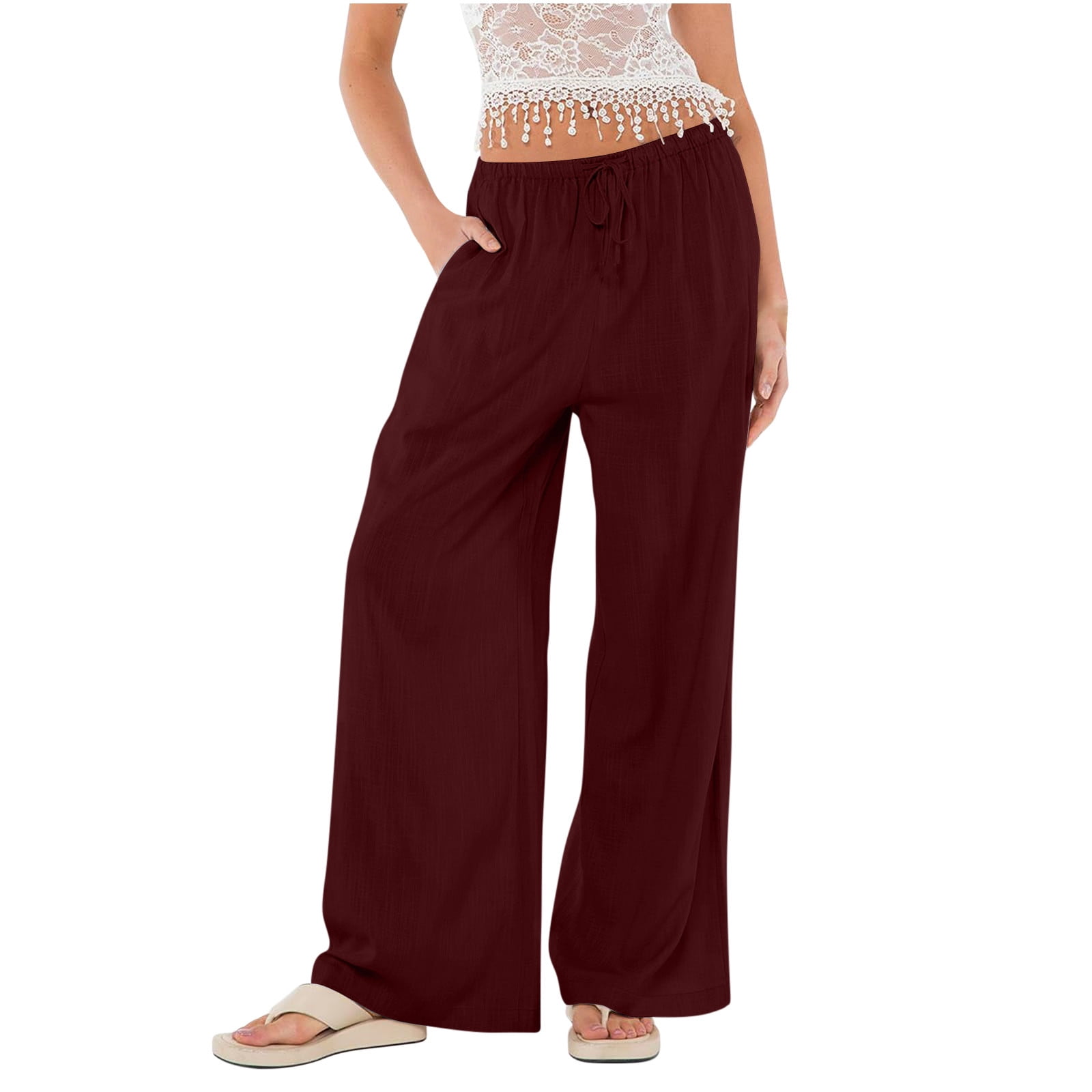 JWZUY Women's Wide Leg Cotton Linen Pants High Waist Adjustable Tie ...