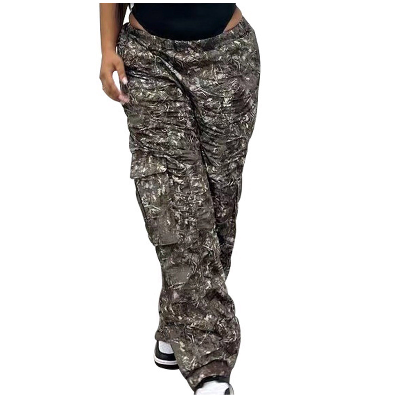 Jwzuy Womens Camouflage Cargo Pants Baggy Camo Print Elastic Waist Wide Leg Trousers Black L