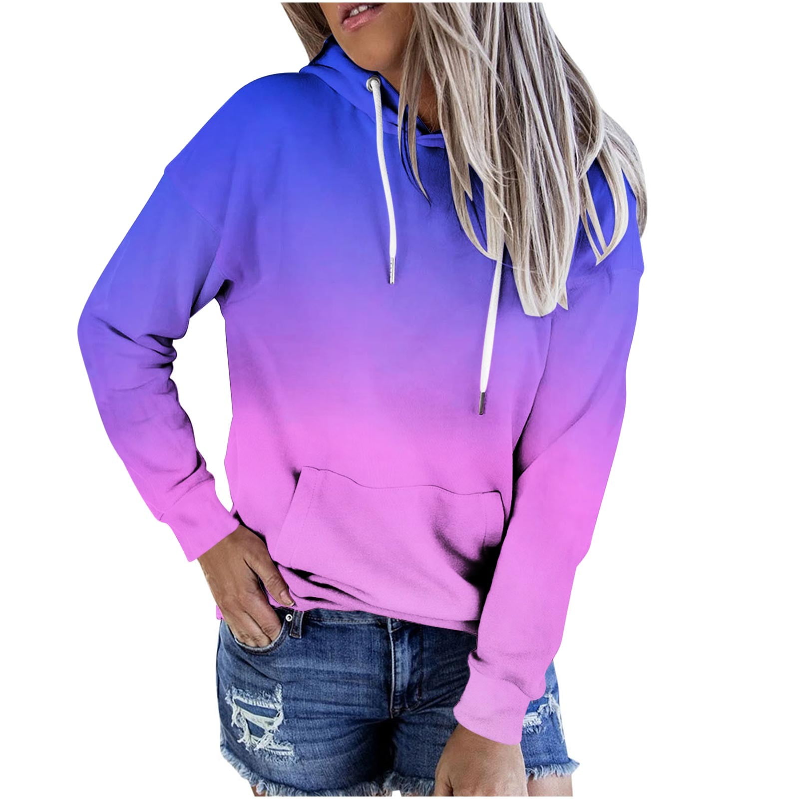 JWZUY Womens Gradient Sweatshirts Drawstring Crewneck Long Sleeve ...