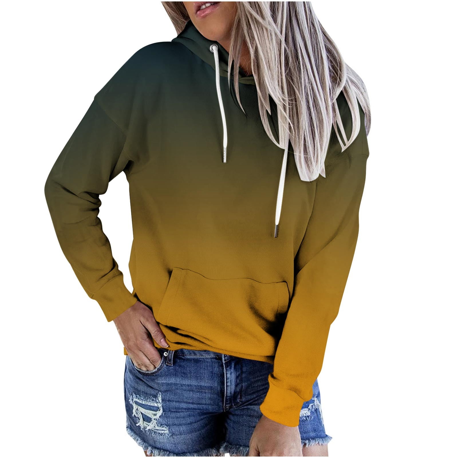 JWZUY Womens Gradient Sweatshirts Drawstring Crewneck Long Sleeve ...