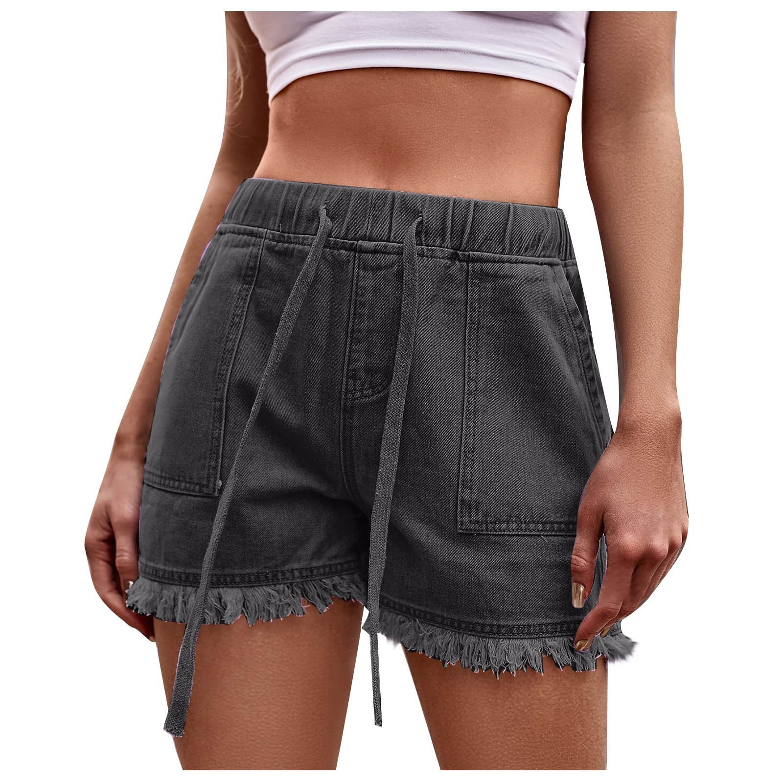 JWZUY Womens Jean Shorts Casual Elastic Waist Drawstring Denim Shorts ...
