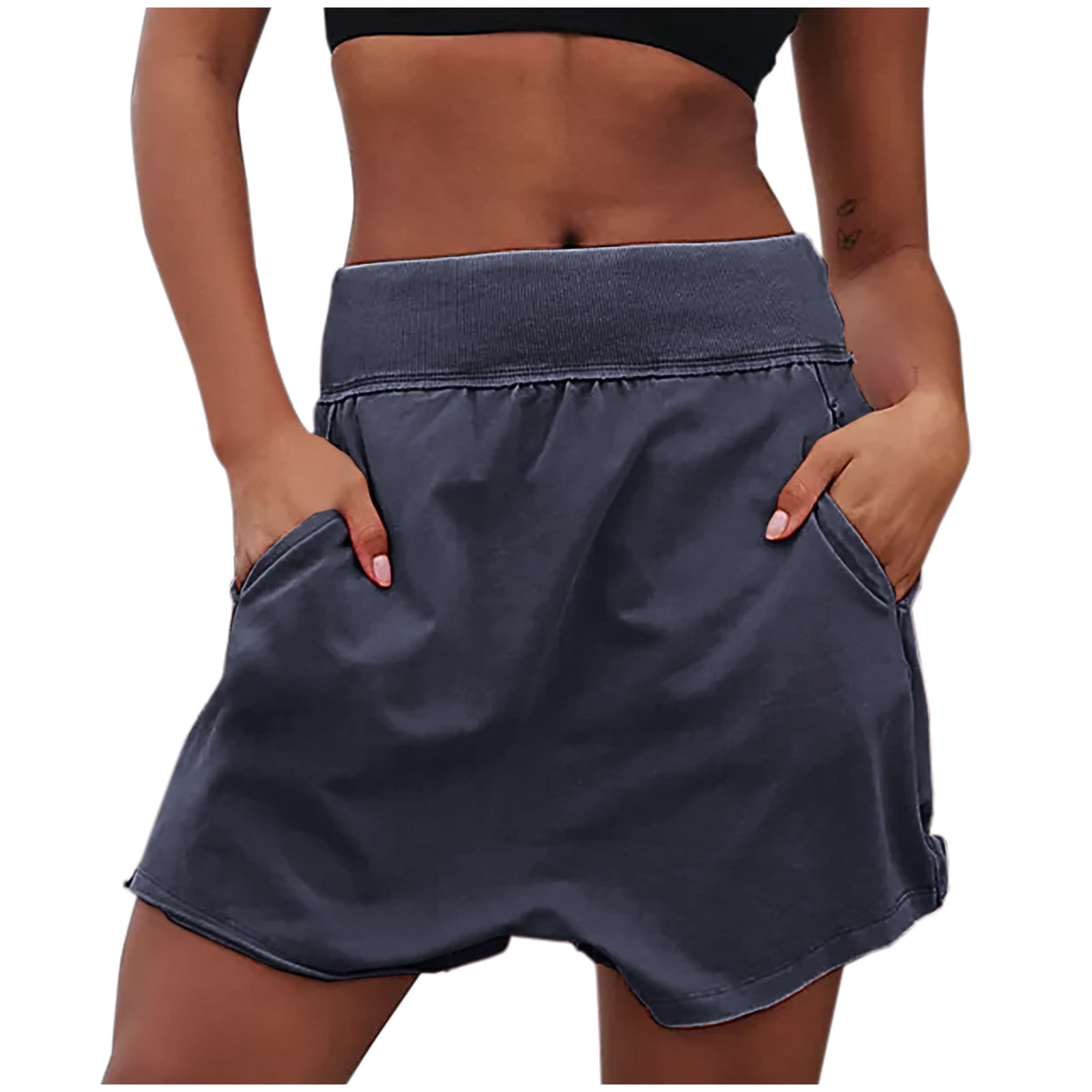 Jwzuy Womens Shorts Elastic Waist Basic Pocket Low Cut Solid Summer