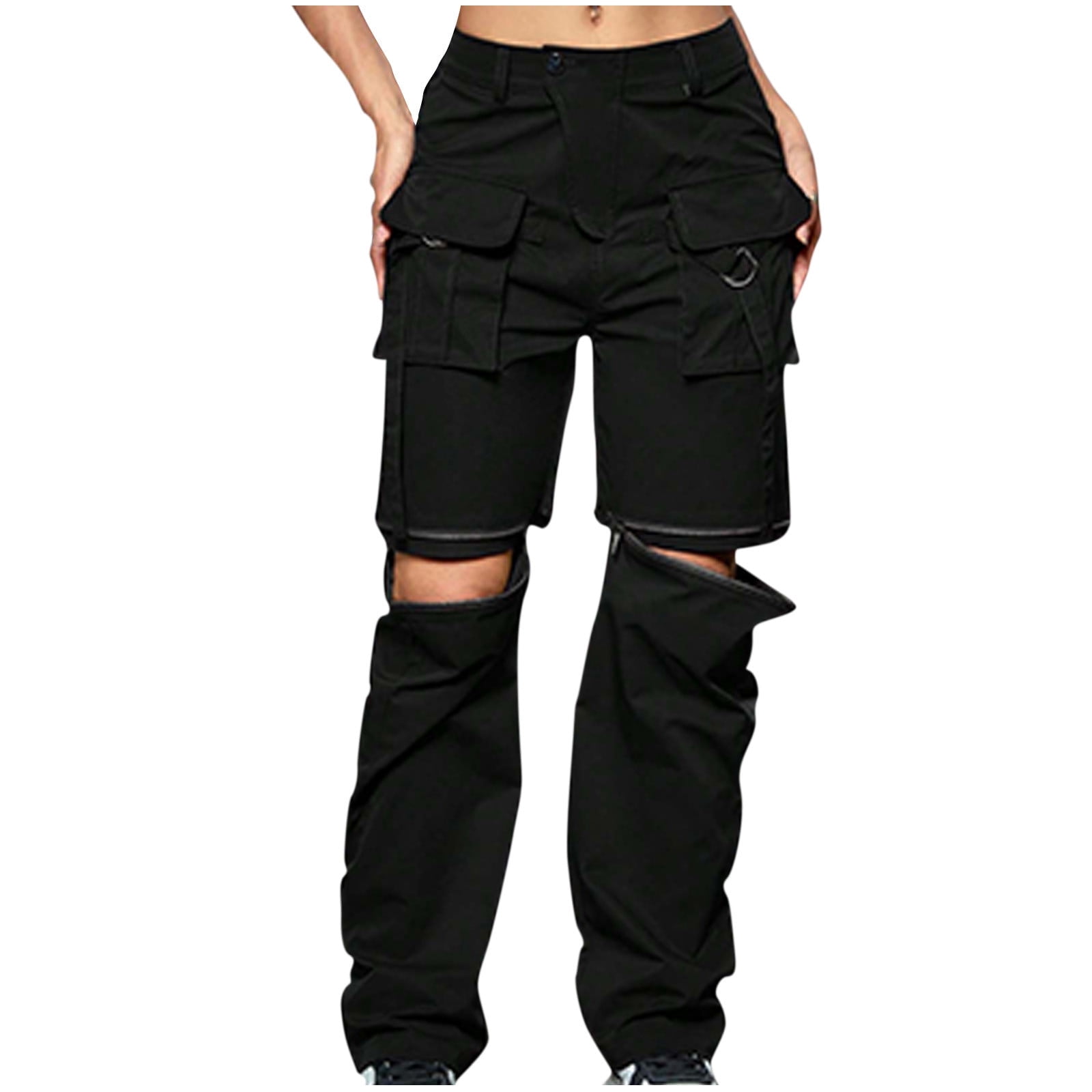 JWZUY Womens Solid Cargo Pants Full Length High Rise Button Zipper Fly ...