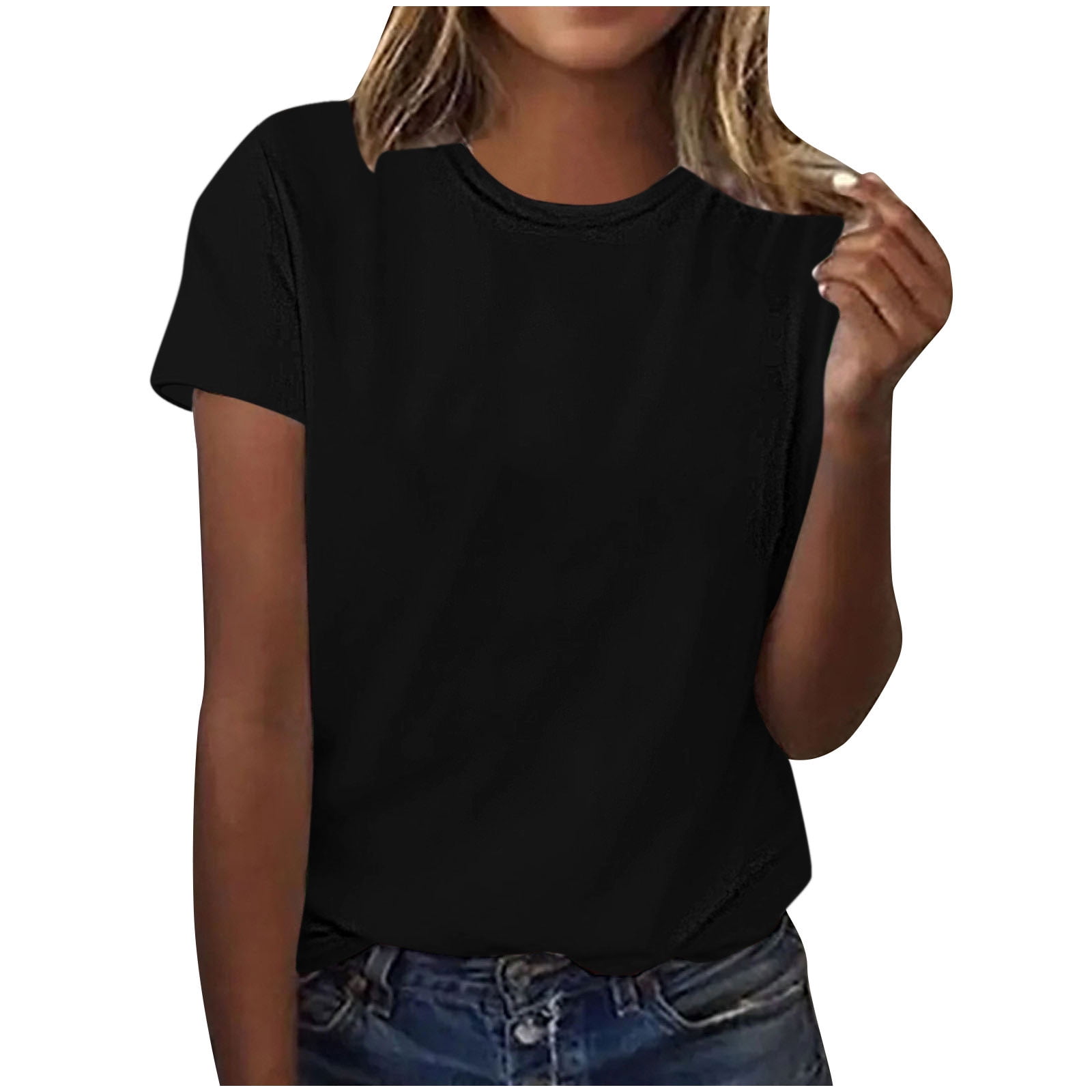 JWshufel T-Shirt for Women Summer Soft Basic Solid Color Crew Neck Tees ...