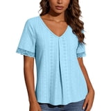 JWshufel Women's Lace Patchwork Trim Tops Flowy V Neck Short Sleeve ...