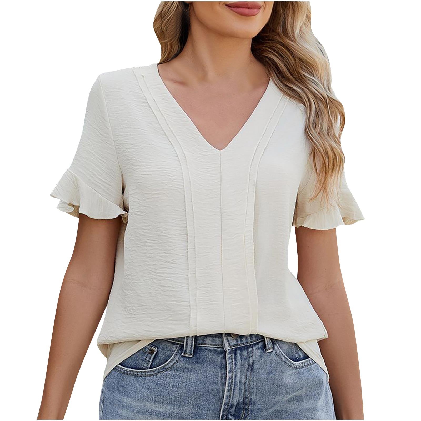 JWshufel Womens Dressy Solid Color Blouses Ruffle Petal Sleeve V Neck ...