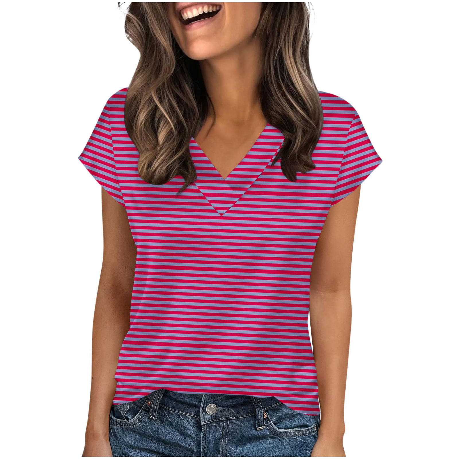 JWshufel Womens Striped Color Block Summer Tops Short Sleeve V Neck ...