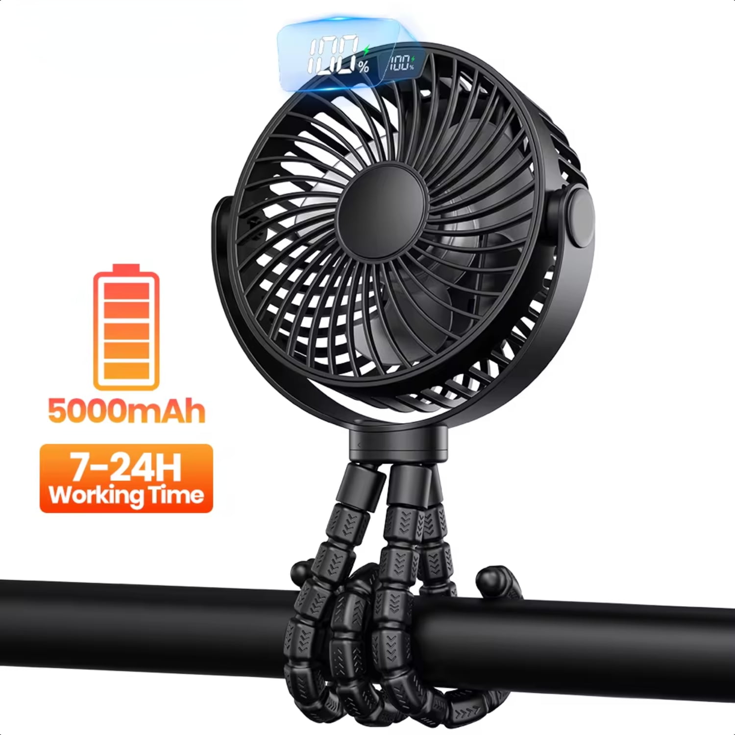 JX 2025 Display Portable Stroller Fan 5000mAh Mini Clip Fan 4 Speed Rechargeable Small Personal ...