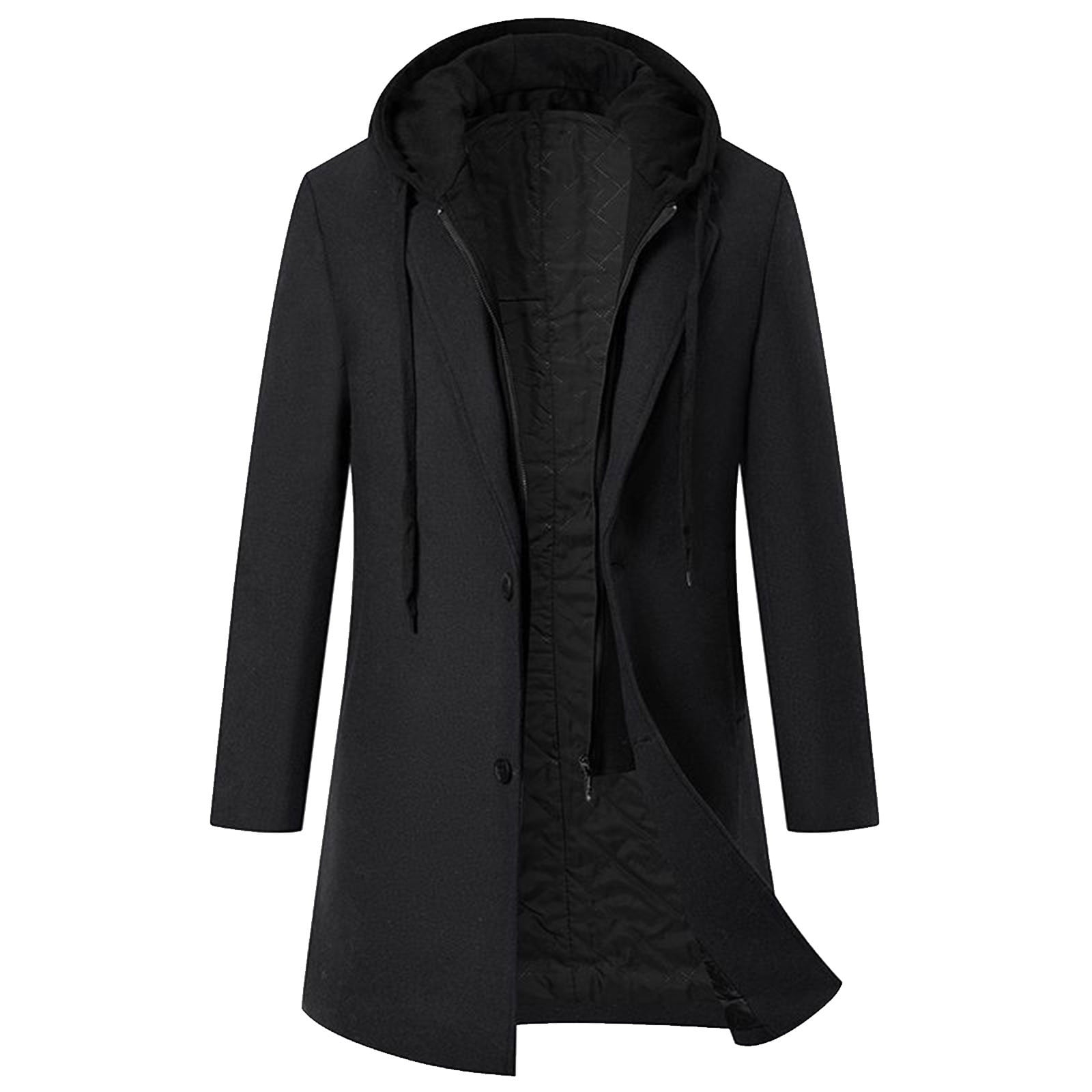 JXMVOJ Men's Wool Coat Hoodie Long Trench Coat Cotton Casual Woollen ...