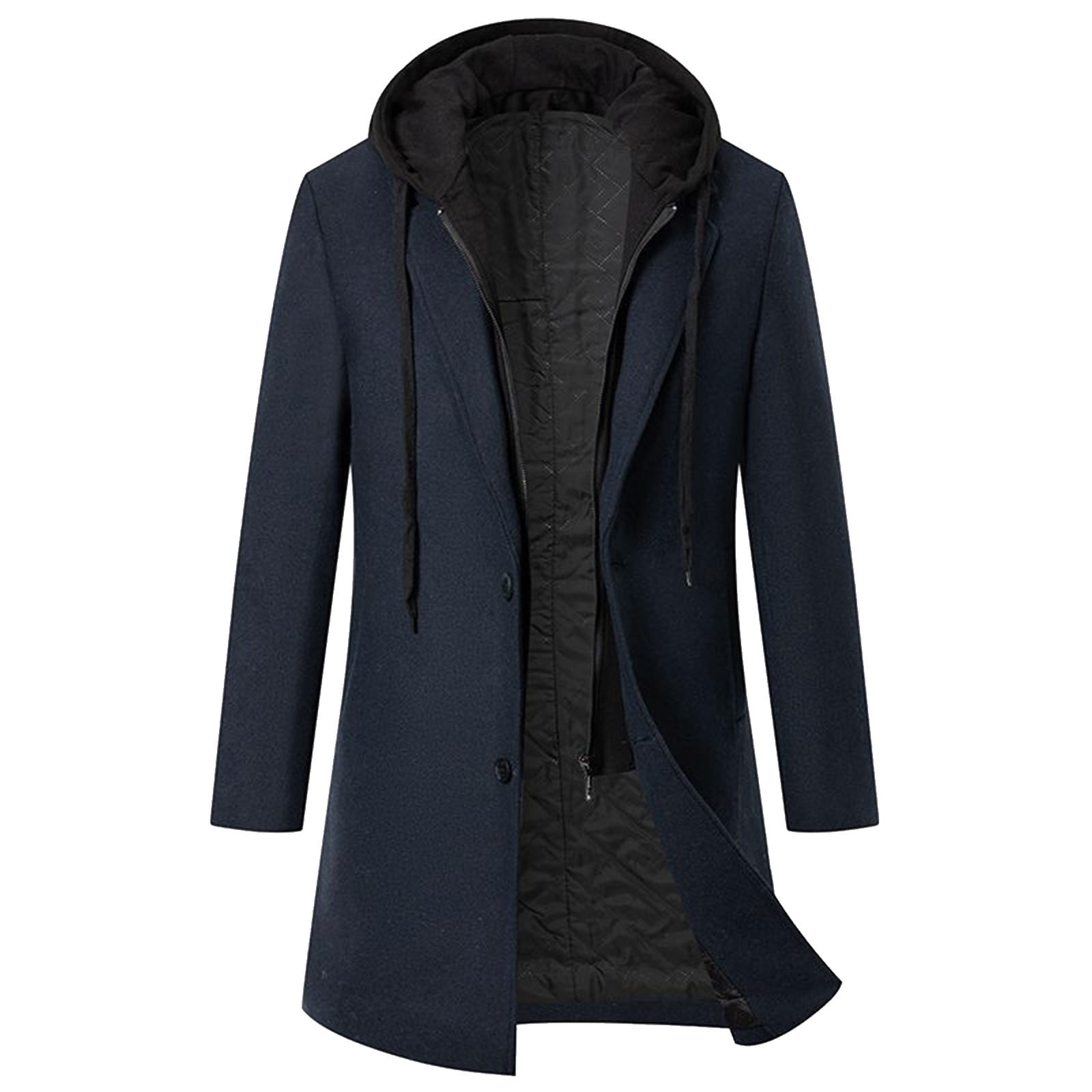 JXMVOJ Men's Wool Coat Hoodie Long Trench Coat Cotton Casual Woollen ...