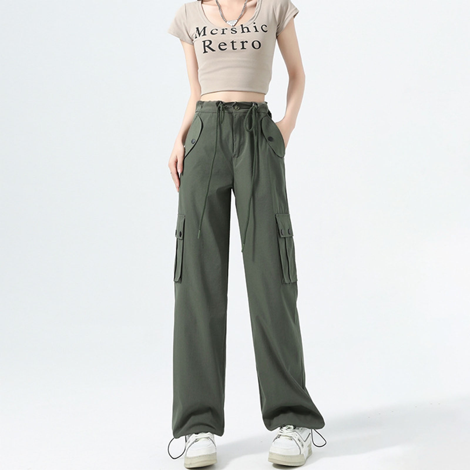 JXMVOJ Women's Solid Color Workwear Pants Loose Straight Leg Wide Leg ...