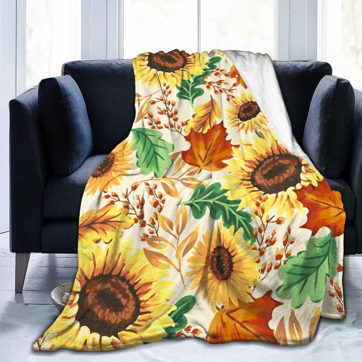 JXNUO Blue Yellow Flower Floral Blanket, Soft Blankets Flannel Bed ...